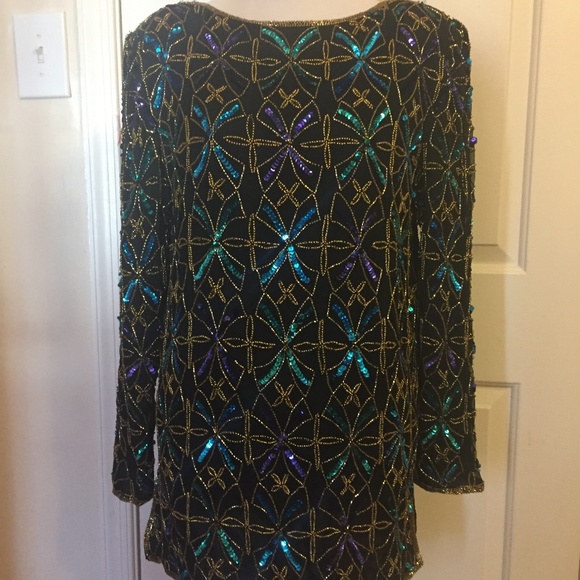 Scala | Tops | Vintage Scala Black Silk Gold Beaded Purple Blue Green ...